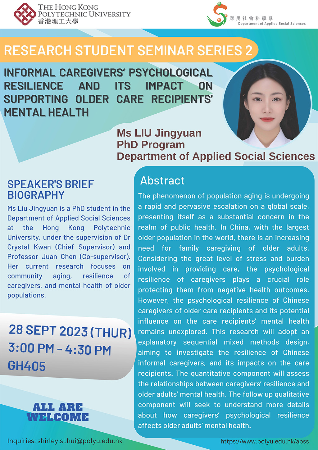 APSS Research Student Seminar Series 2: Informal Caregivers’ Psychological Resilience and Its ...