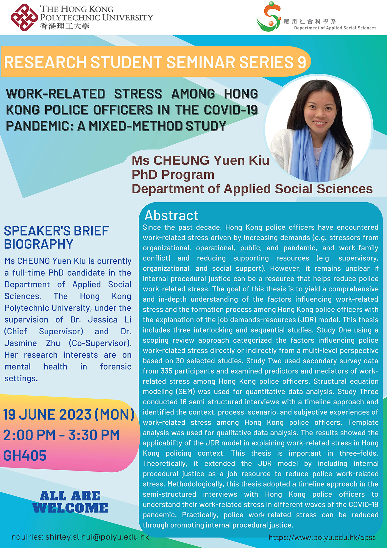 APSS Research Student Seminar Series 9: Work-related Stress among Hong Kong Police Officers in ...