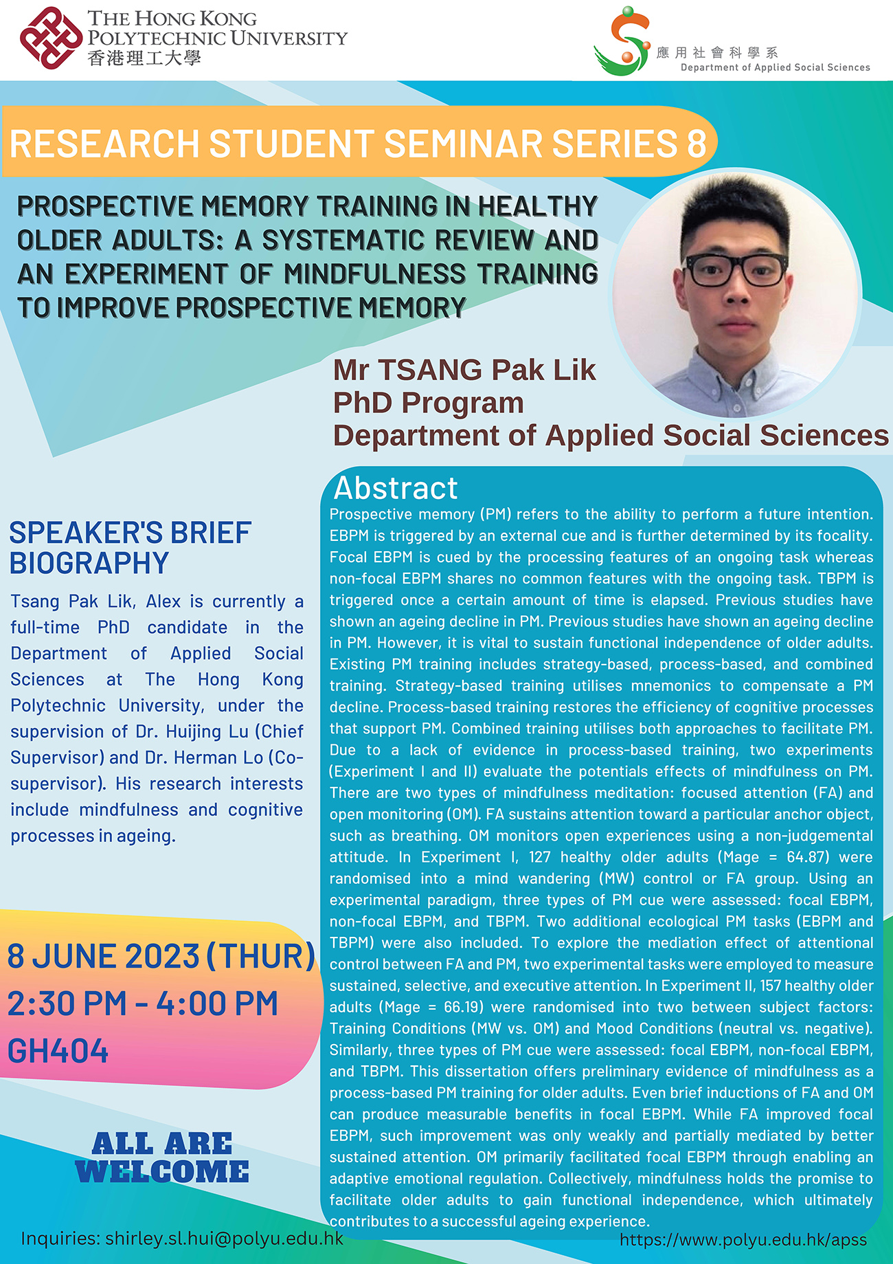 APSS Research Student Seminar Series 8: Prospective memory training in healthy older adults: A ...