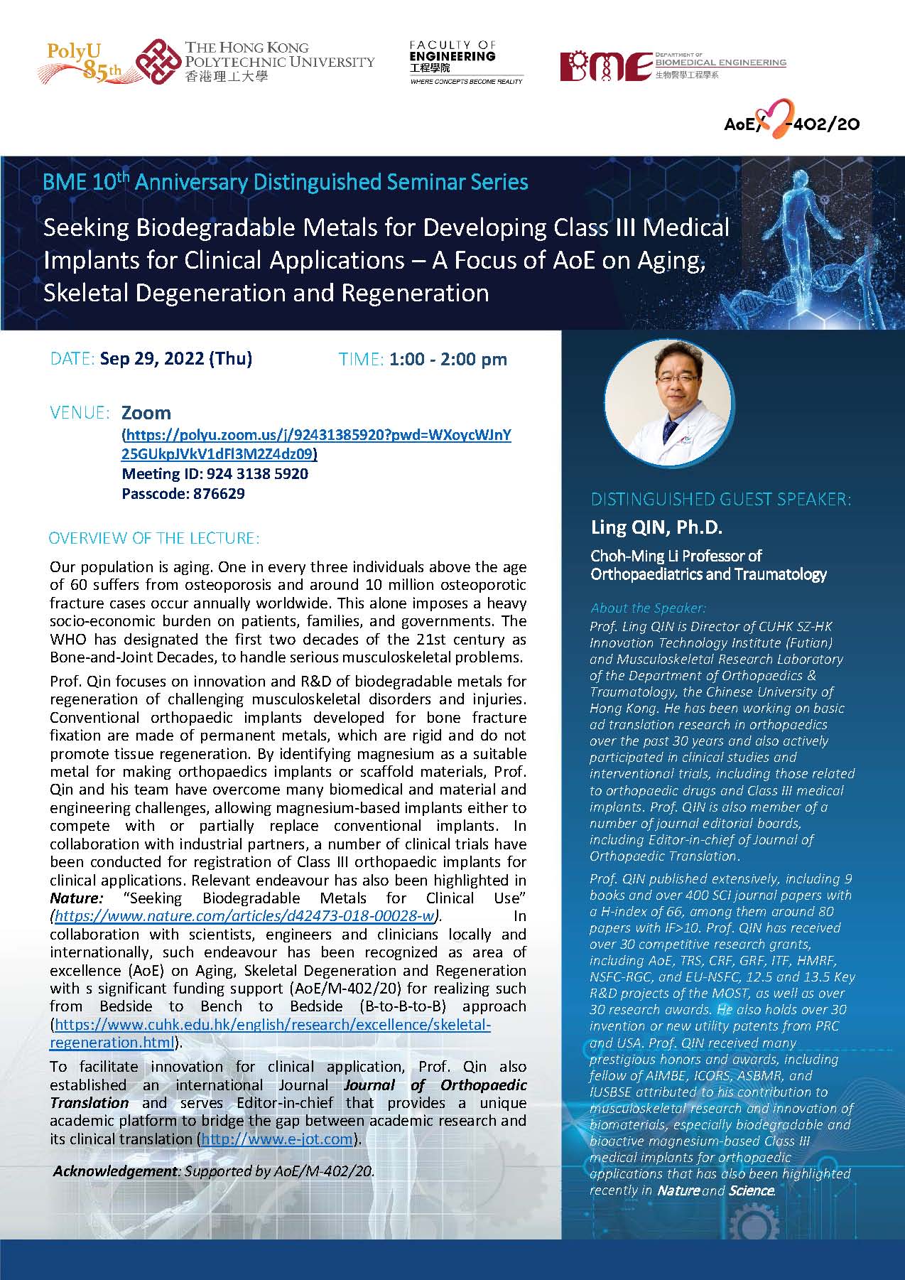 BME 10th Anniversary Distinguished Seminar - Prof. Ling QIN, Ph.D ...