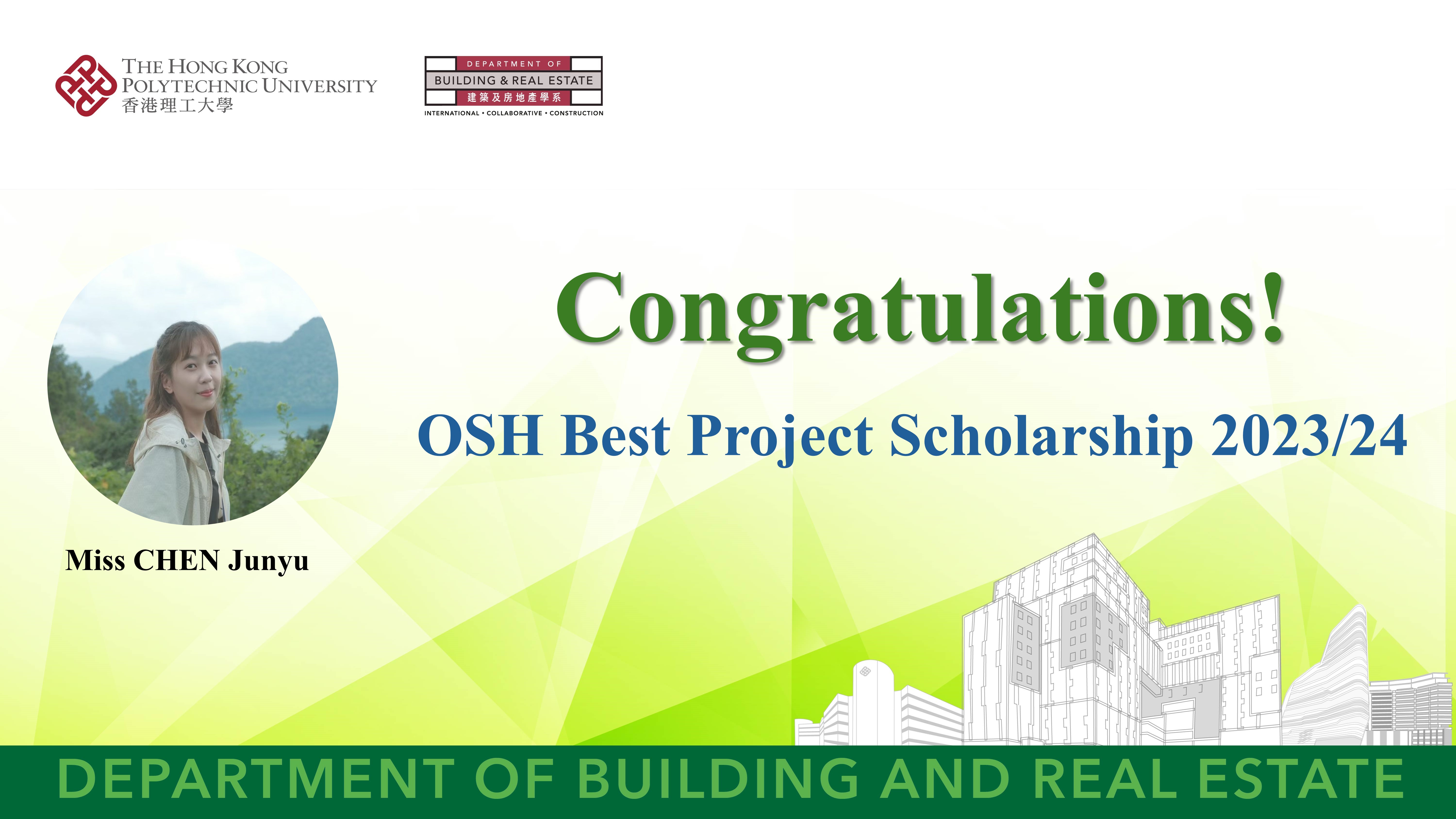 Miss Janie CHEN Awarded OSH Best Project Scholarship | Department of Building and Real Estate