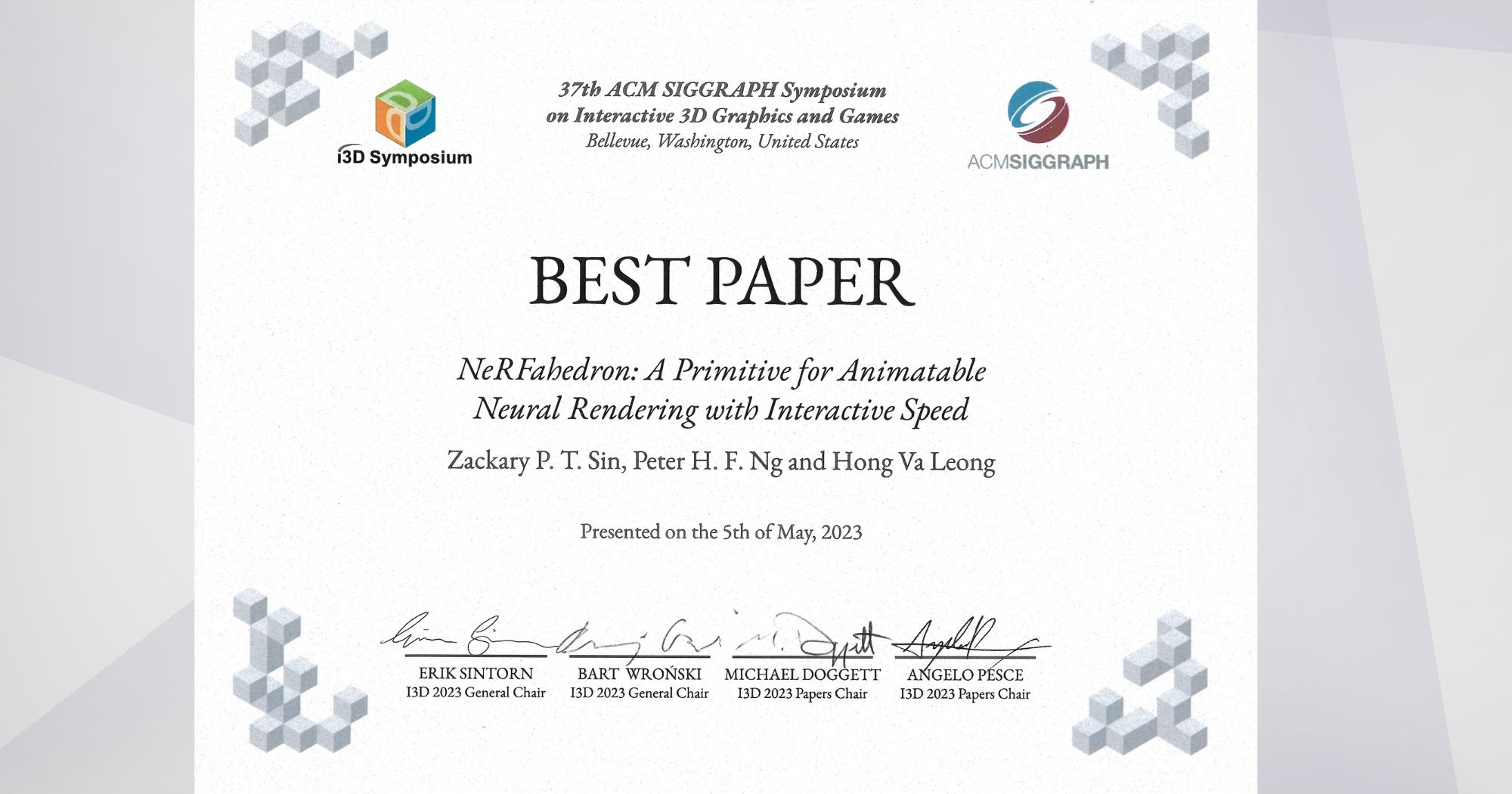 Best Paper Award from ACM SIGGRAPH Symposium on Interactive 3D Graphics ...