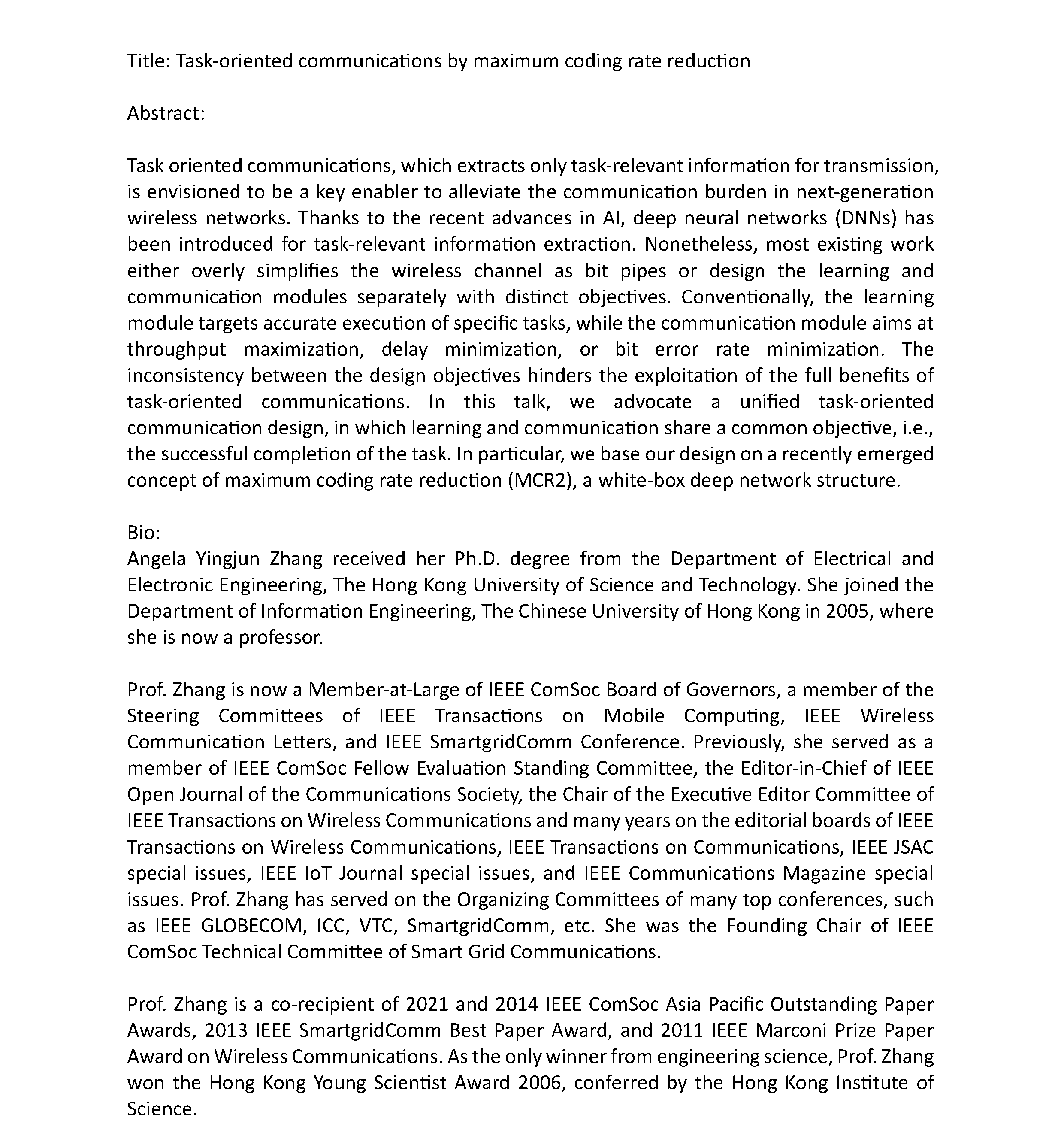 Seminar by Prof. Angela Yingjun Zhang on "Task-oriented communications ...