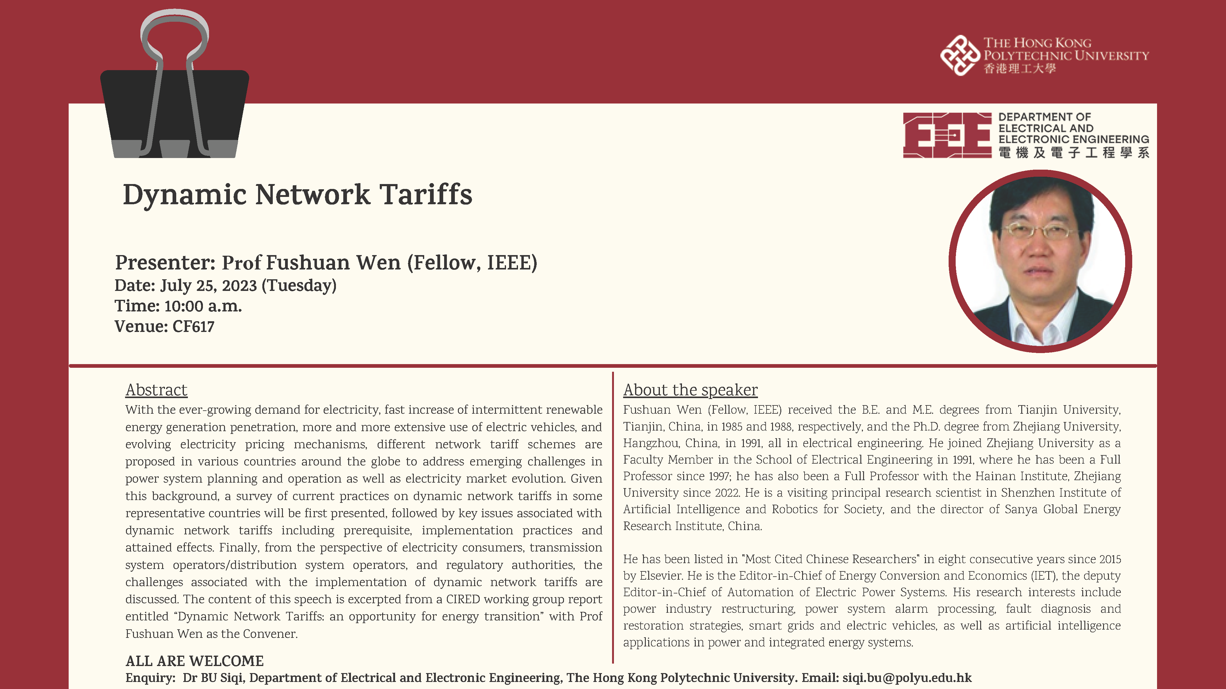 Seminar by Prof Fushuan Wen on "Dynamic Network Tariffs” | Department ...
