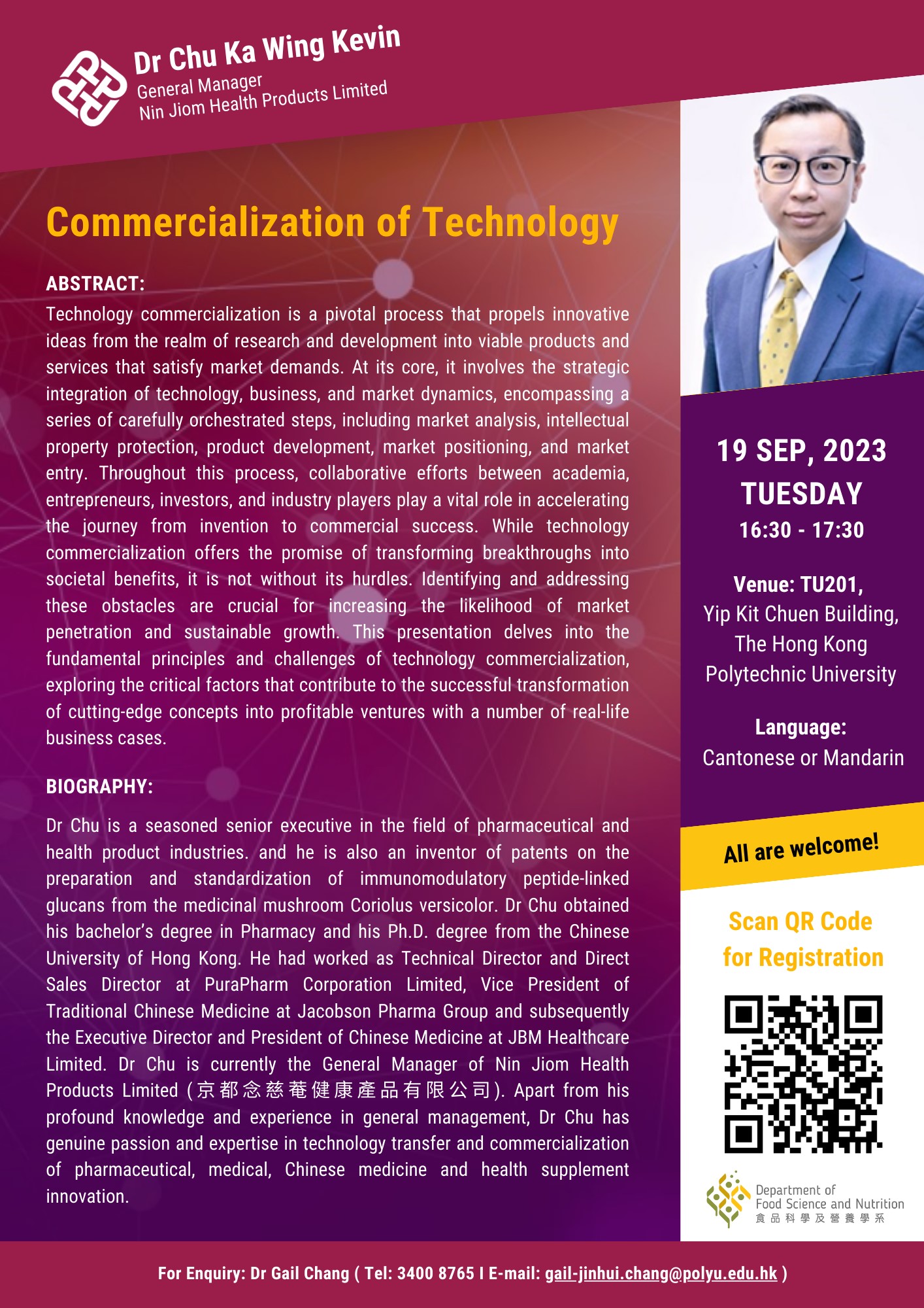 FSN talk by Dr Chu Ka Wing Kevin on 19 September 2023 | Department of Food Science and Nutrition
