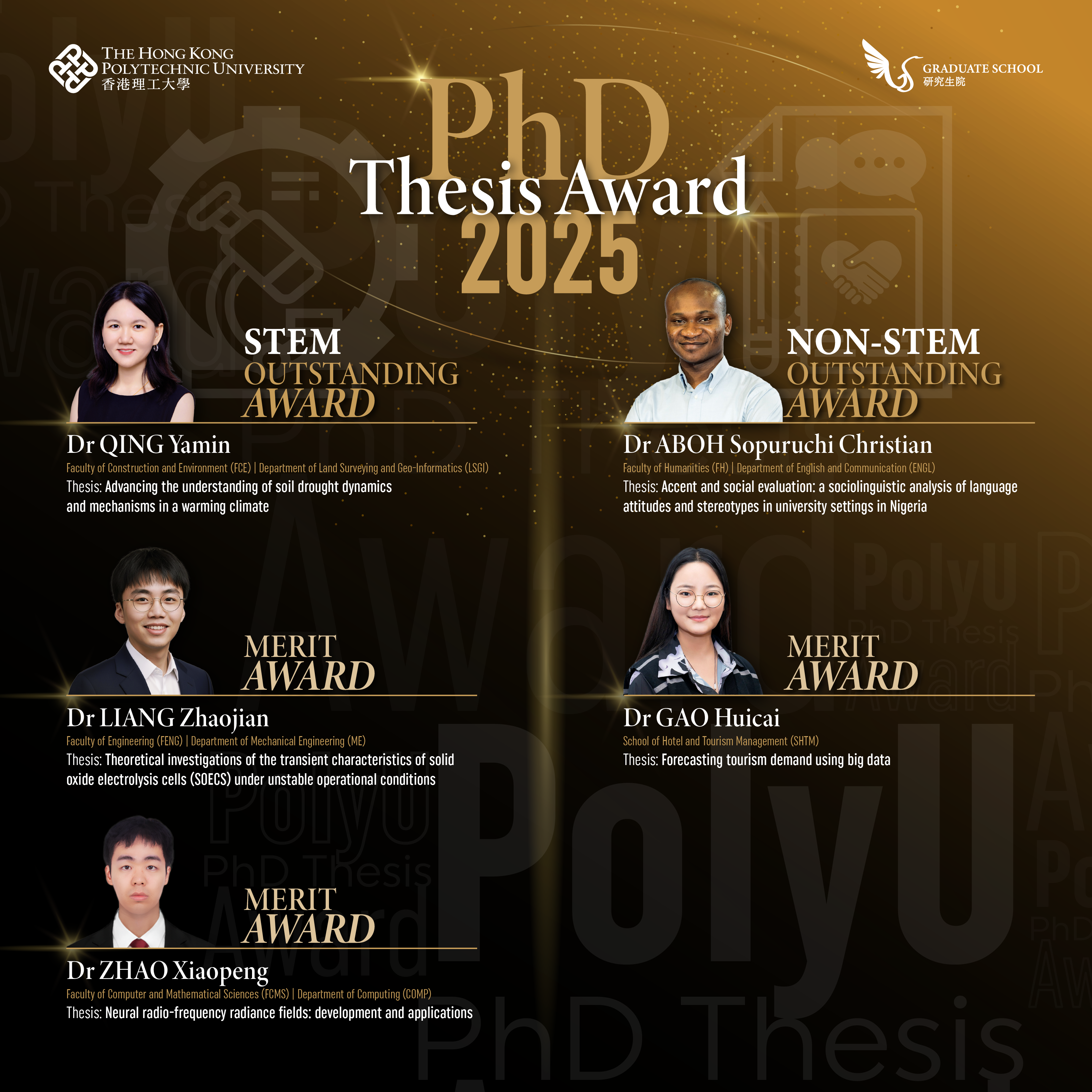 Announcement of Awardees for PolyU PhD Thesis Award 2025 | Graduate School
