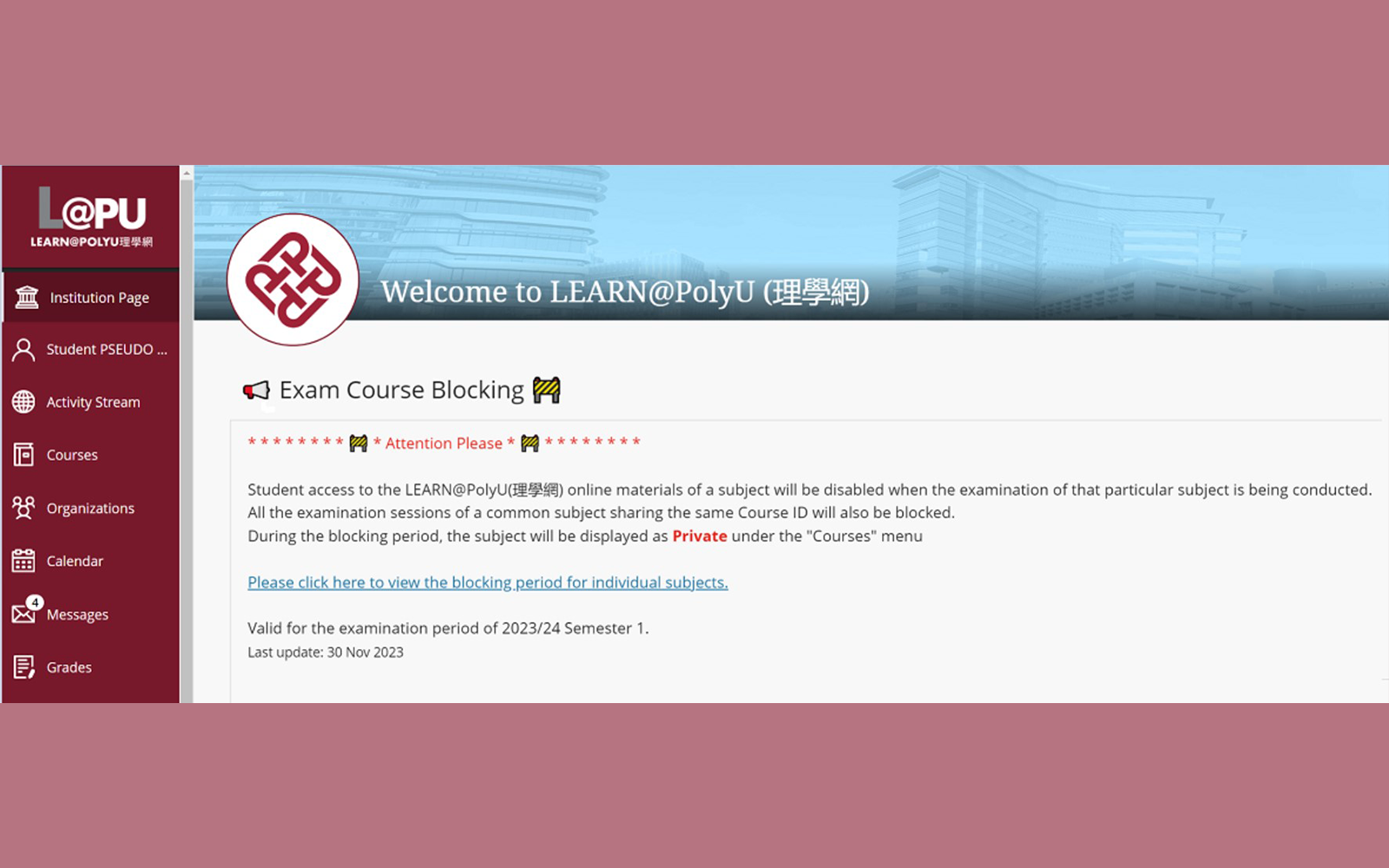 Temporary suspension on student access to LEARN@PolyU (理學網) subjects ...