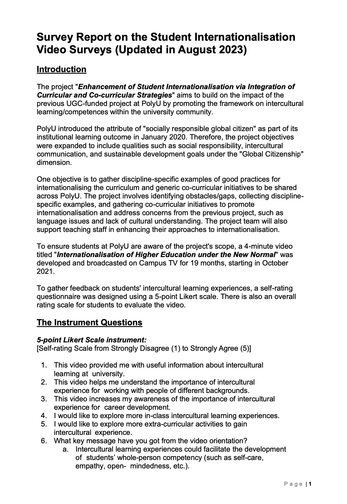 Survey Report on the Student Internationalisation Video Surveys